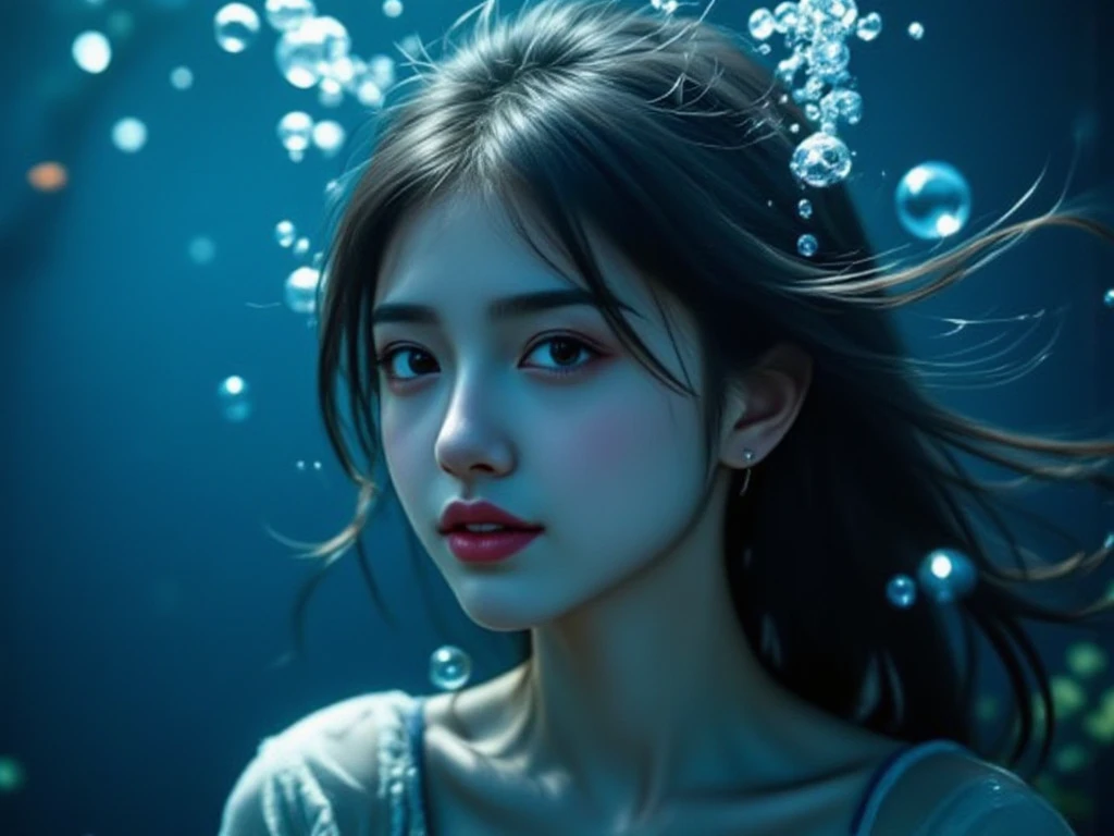 Beautiful girl diving under the sea, clear water, dark blue, daytime ...