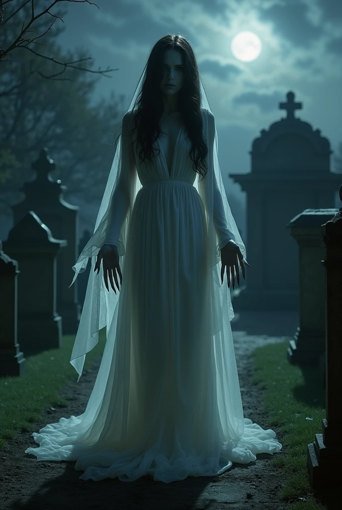 Ghost women,in long white grown fabric,no eyes pupil, long hair - SeaArt AI