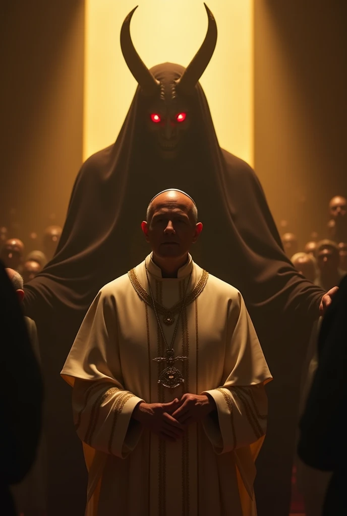 A traditional-robed Pope stands at the center of a grand religious ...