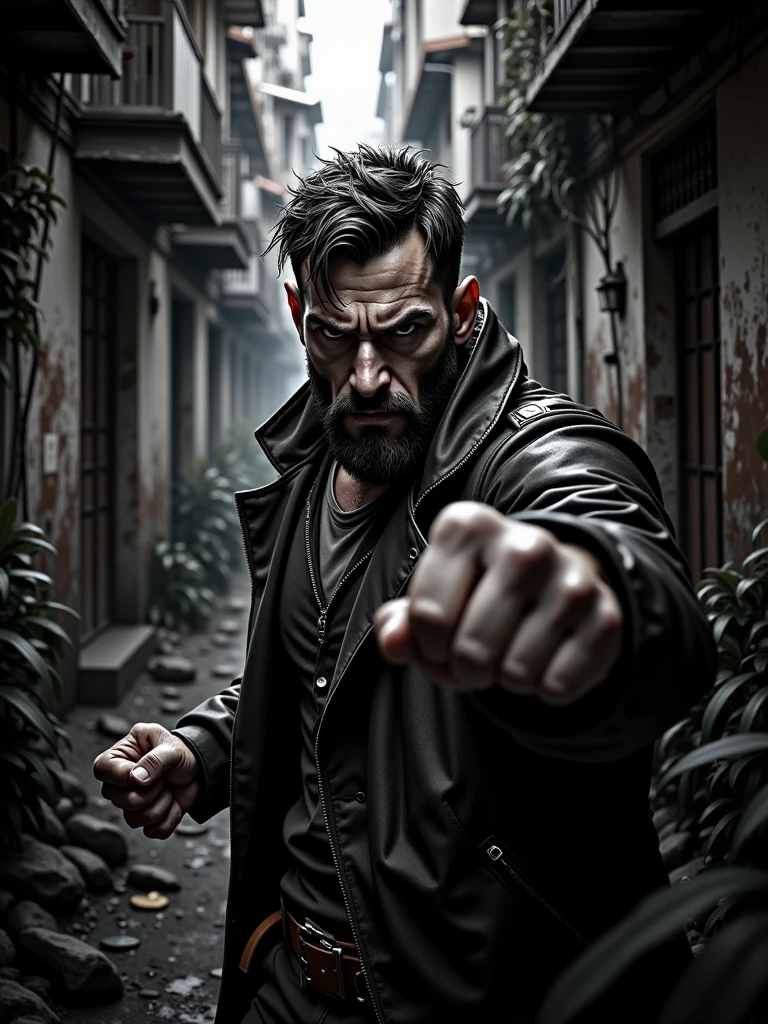 Face punch, intense dramatic portrait, angry man with fierce expression ...