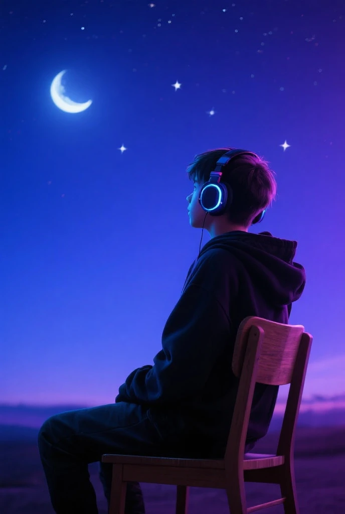 A boy sit on a wood chair and watching the skay in night alone and warring heads - SeaArt AI