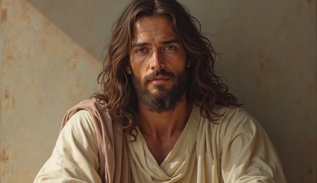 Jesus sitting. Look at the camera. Without his hands crossed - SeaArt AI