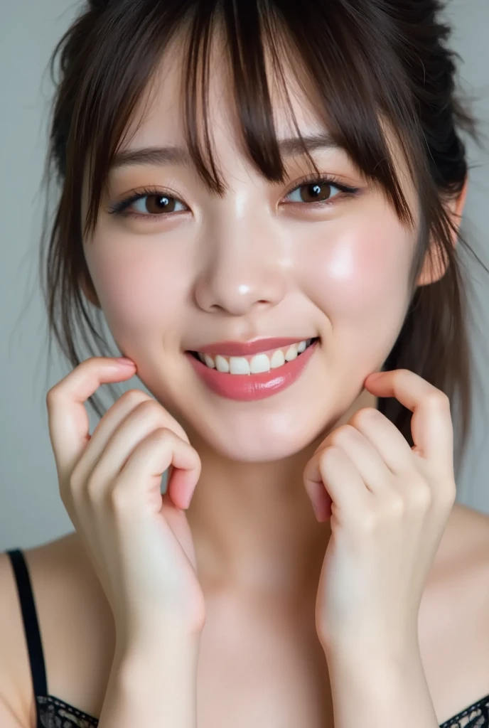 Extreme close-up portrait of a beautiful 20-year-old Japanese woman ...