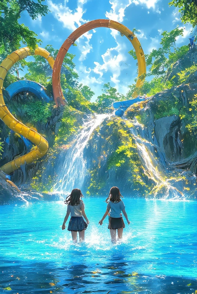 Giant water park、WATER SLIDES、3 elementary school girls、Ultra HD ...