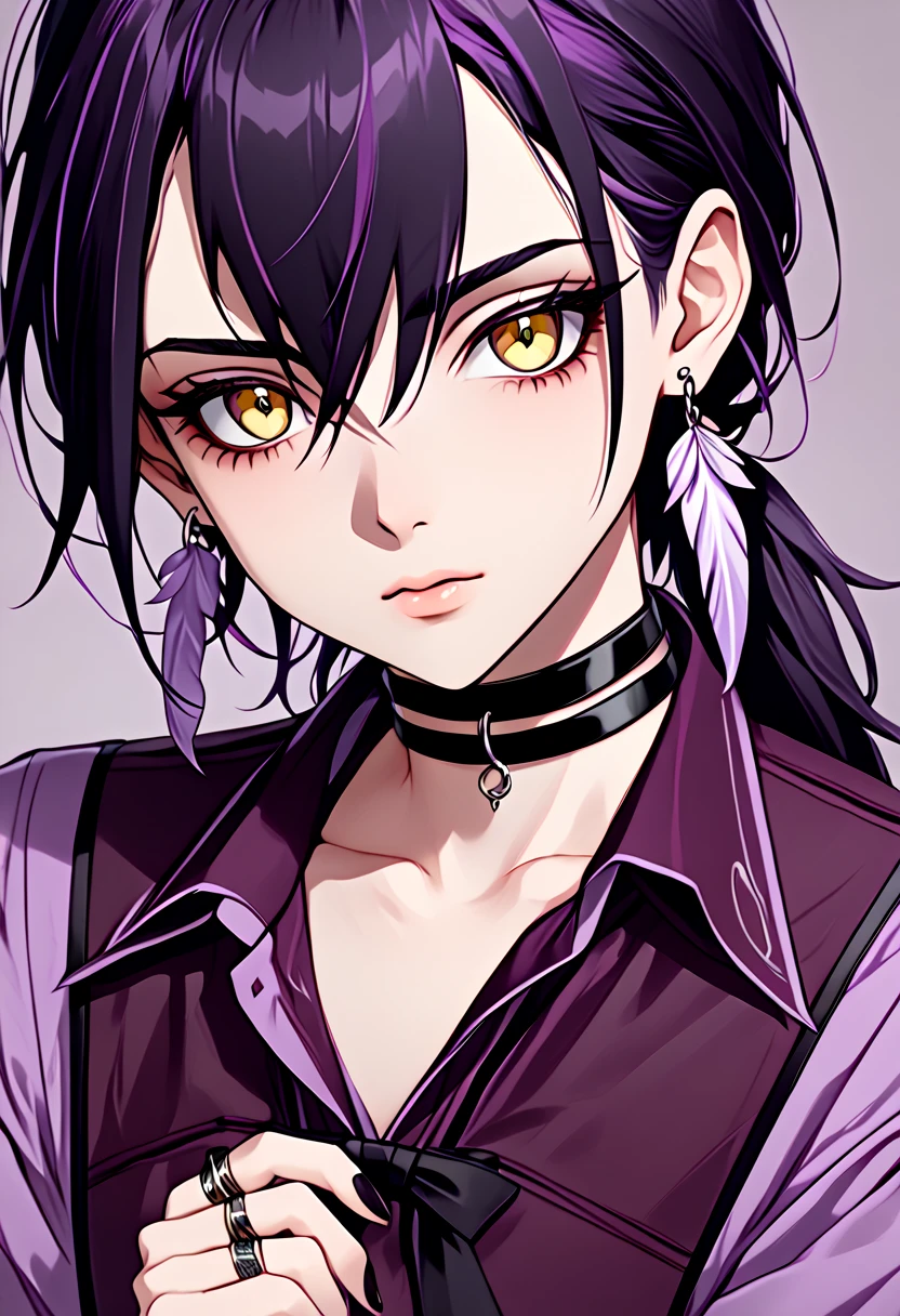 Androgynous pretty boy, black hair low ponytail with highlights lilac ...