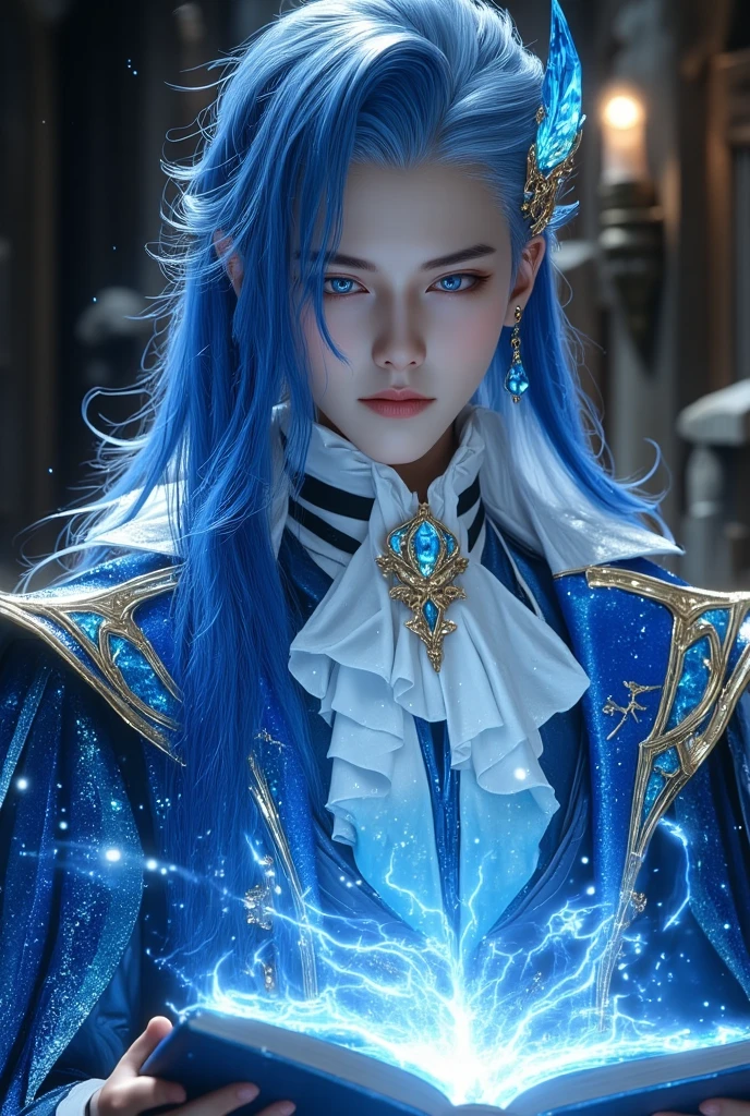 Blue hairでとても大きな吊り眼の男性（（Straight Long Blue Hair))stares((Big blue ...