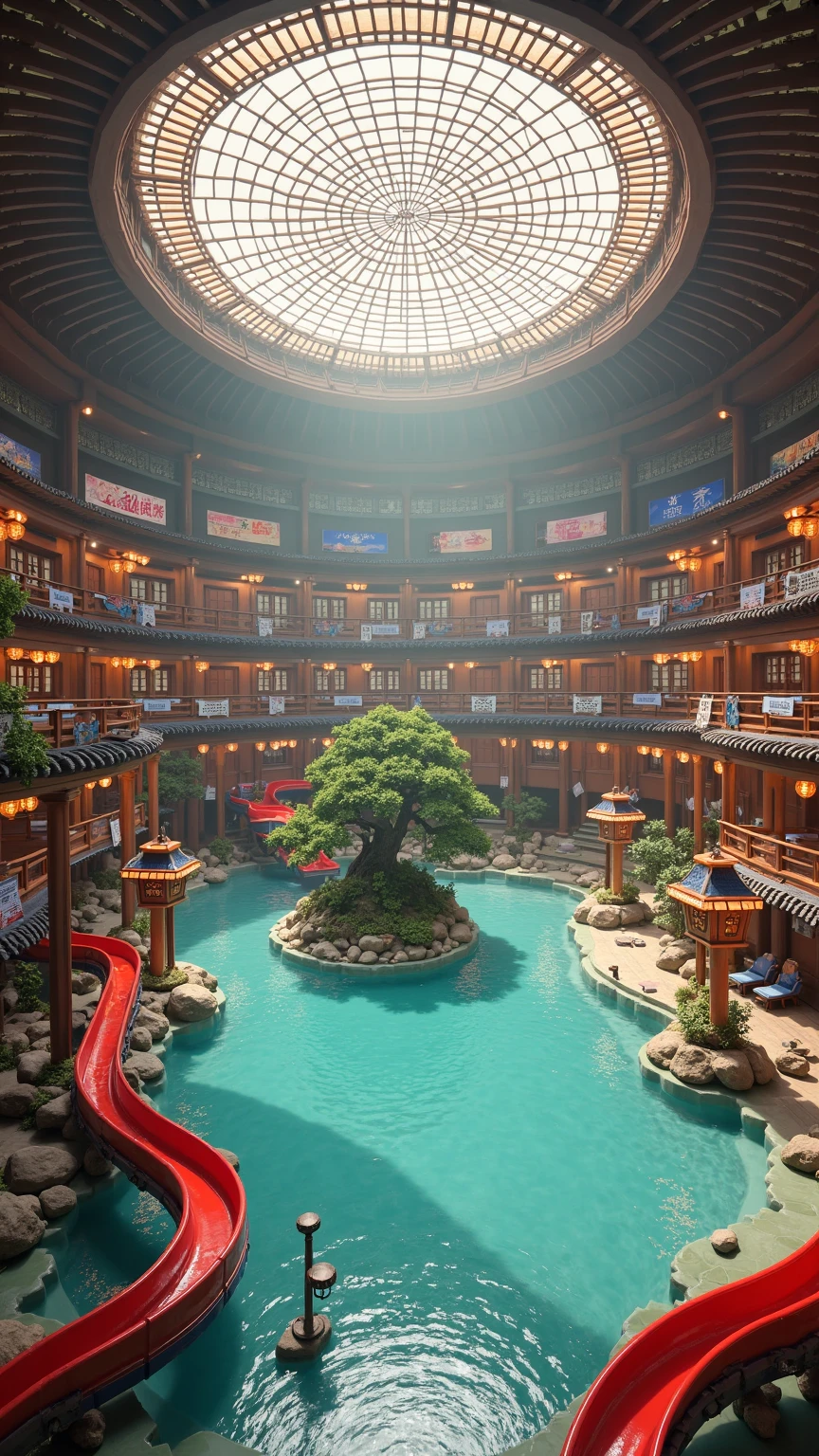 A sprawling Japanese-style indoor water park set within a grand ...