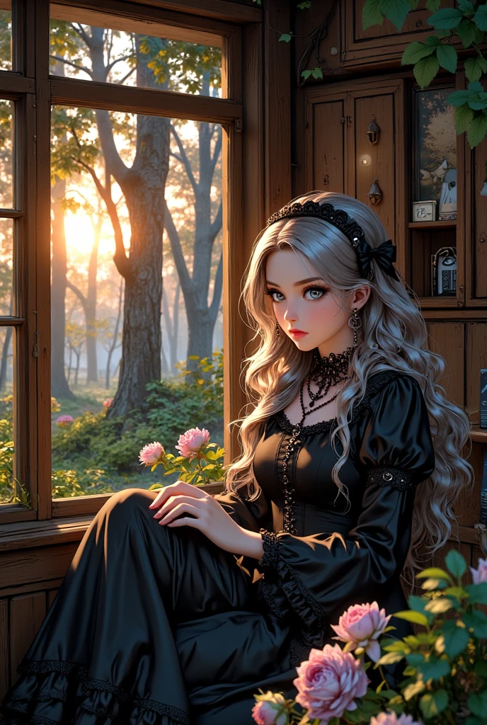beautiful gothic girl, quiet cabin in the woods at sunset, soft pastel ...
