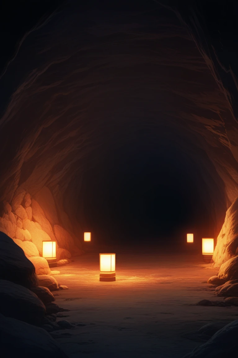 A horizontal panoramic background illustration of a dimly lit cave ...