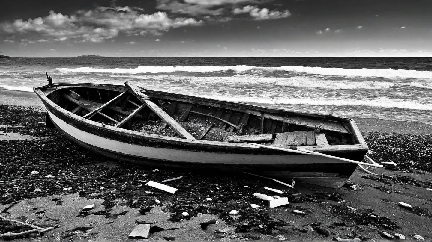 A boat washed up on the seashore but with black and white effects ...