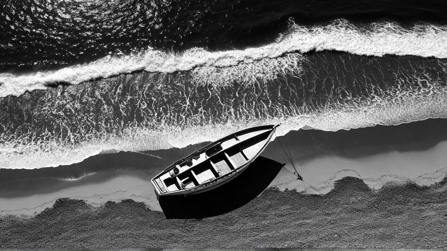 A boat washed up on the seashore but from a top view with black and ...