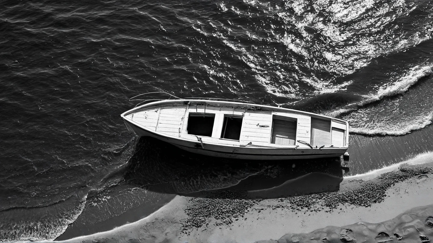 A small boat washed up on the seashore but from a top view with black ...