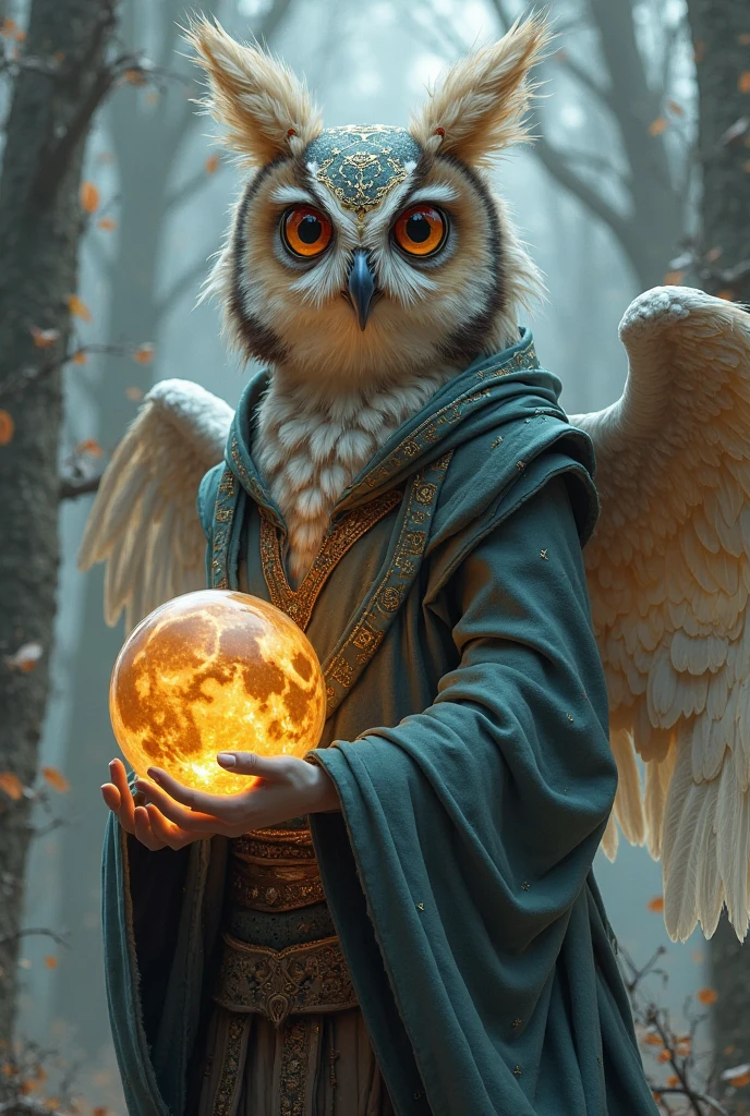 An elegant humanoid mage with large, expressive owl-like eyes and ...