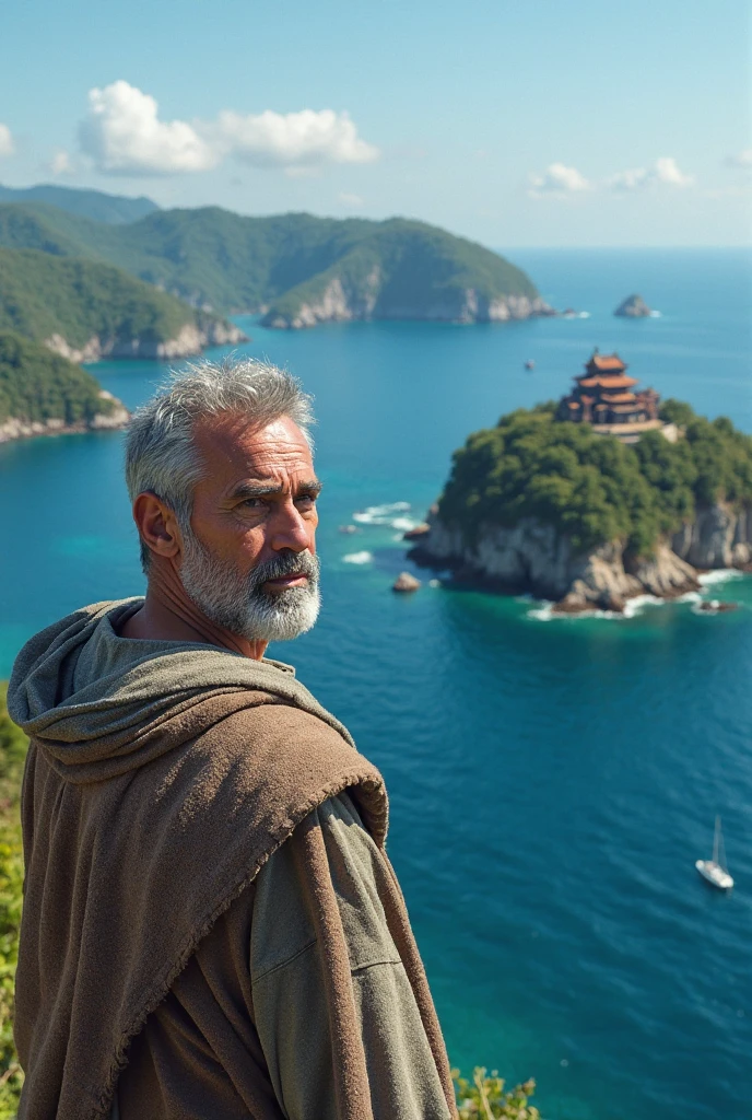A wise-looking king with graying hair stands atop a cliff overlooking a ...