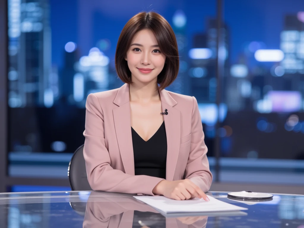 A confident **20‑year‑old** female news anchor sitting behind a sleek ...