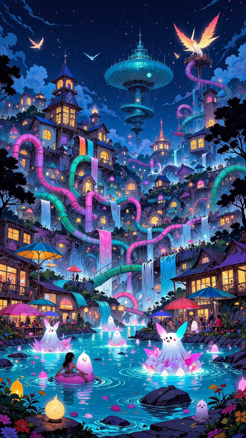 The vast and vibrant magical fantasy water park spreads out at night ...