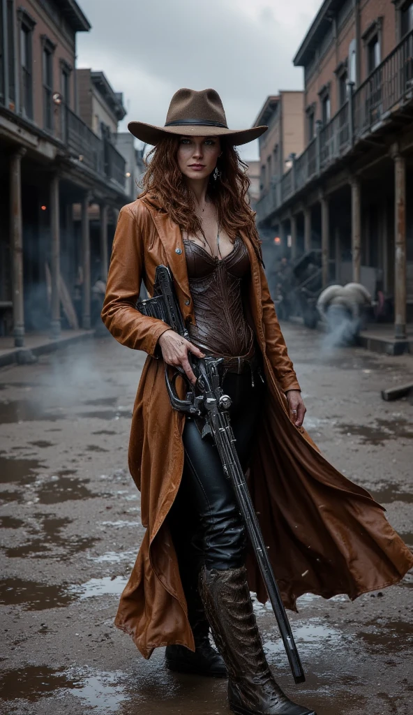 A hyperrealistic, cinematic medium shot of a female Western gunslinger ...