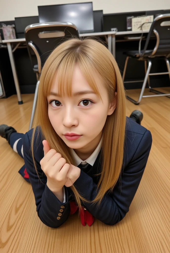 Blonde straight long hair, Bangs Reaching Eyebrows, Tear Bags Visible ...