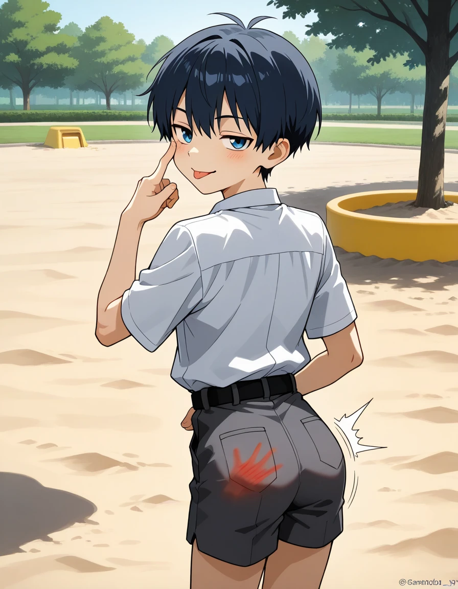 1boy, solo, schoolboy, general, spanking self, hand behind back - SeaArt AI