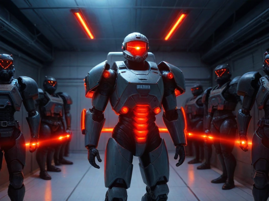 An elite army of cybernetic soldiers standing in perfect formation ...