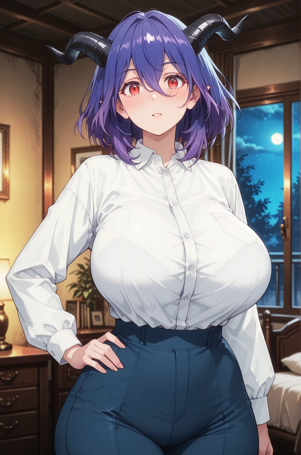 Masterpiece, best quality, 1girl, solo, soft skin,vermeil, black horns ...