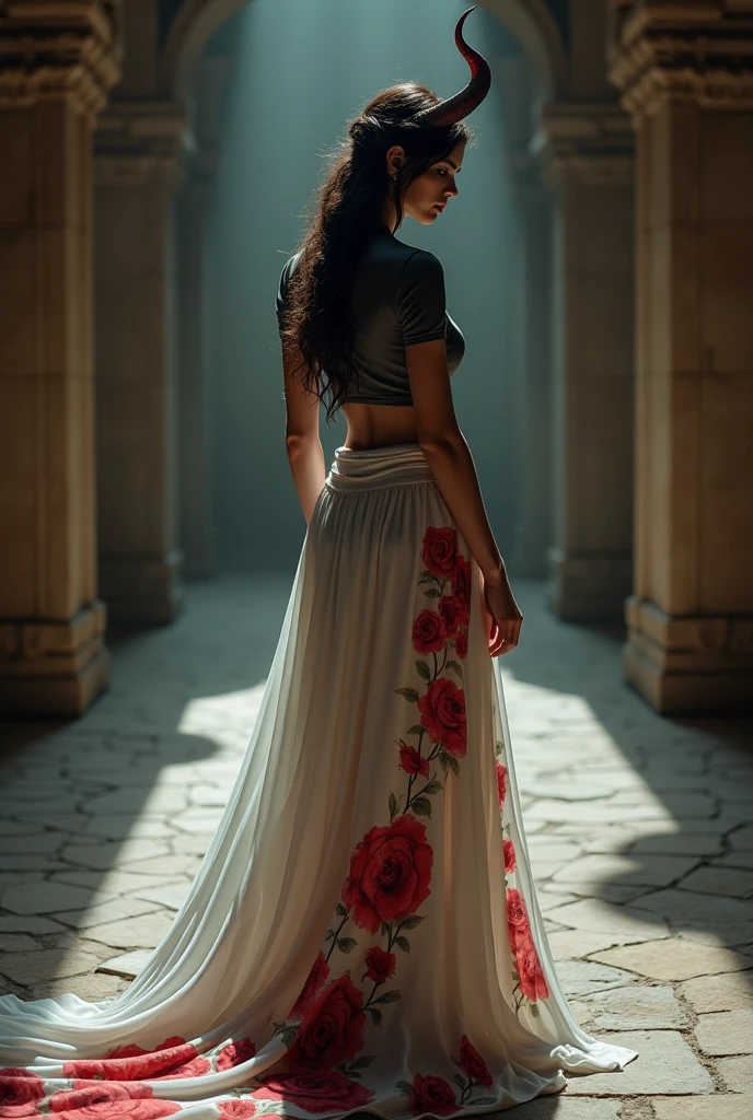 Create an image of a beautiful Arabian demon lady. She has a very ...