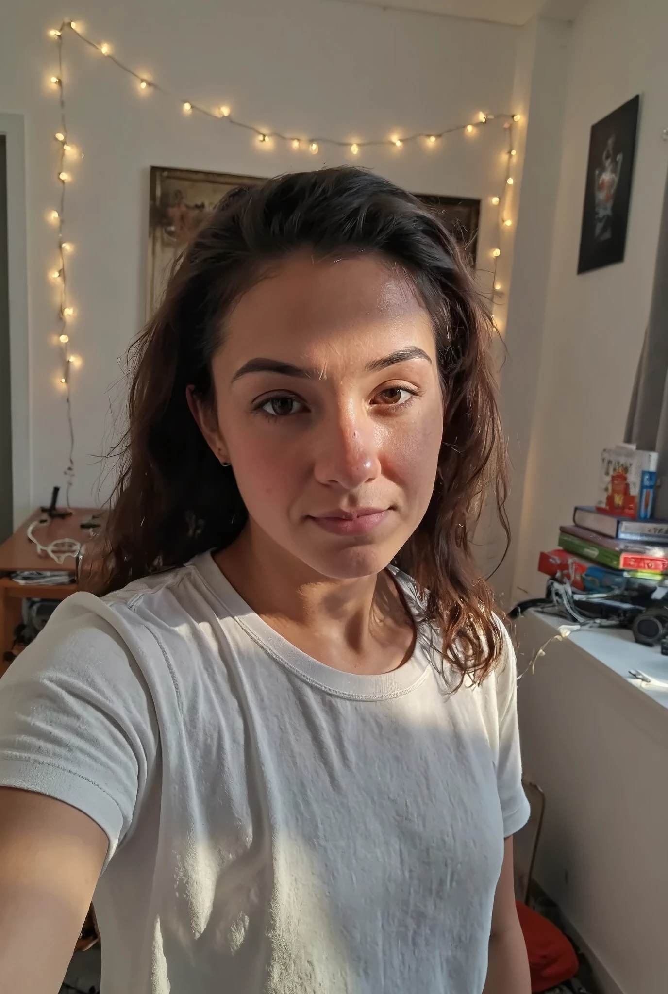 "A candid selfie taken by a young Hispanic woman in her bedroom - SeaArt AI