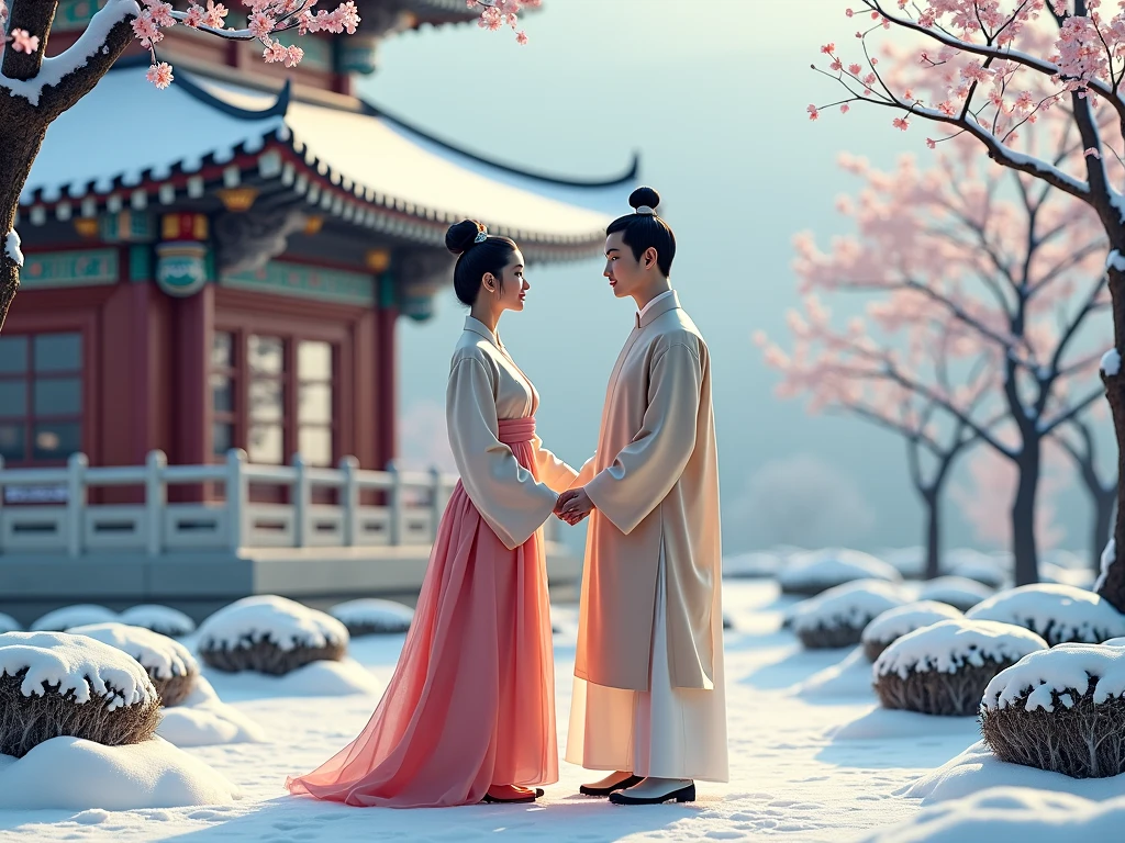 Korean couple, holding hands, winter, snow, snowflakes, buddhist temple ...
