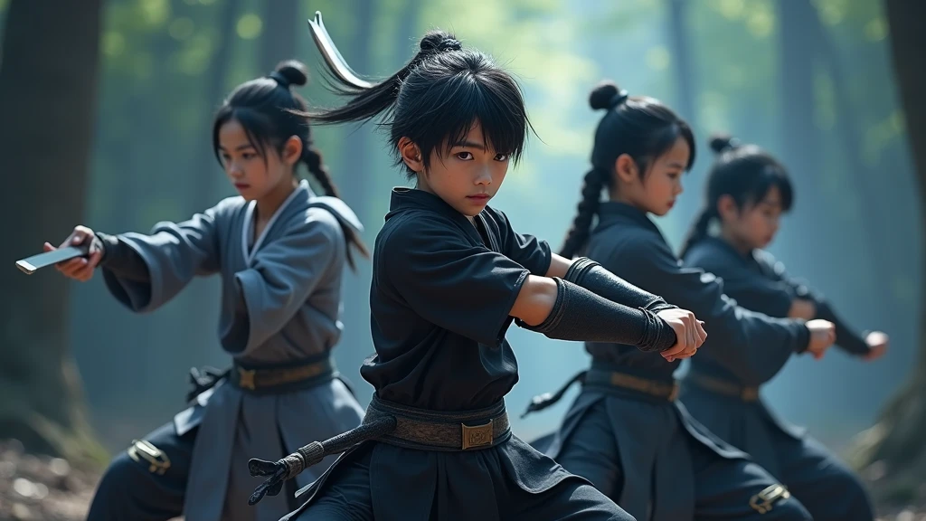 Ninja boy training with ninja girls in love, cinematic - SeaArt AI