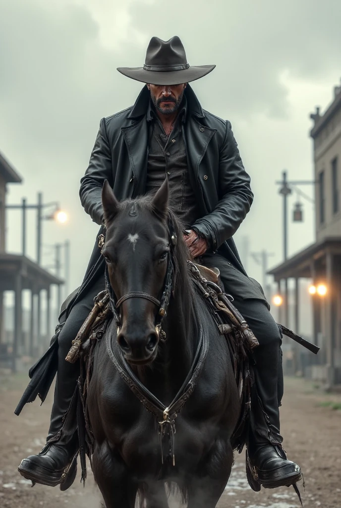 A hyperrealistic, cinematic ground-level shot of a gunslinger riding a ...