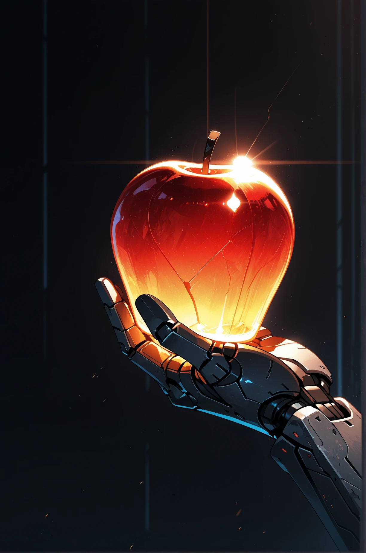 A robotic humanoid hand holding a translucent apple, darkness - SeaArt AI