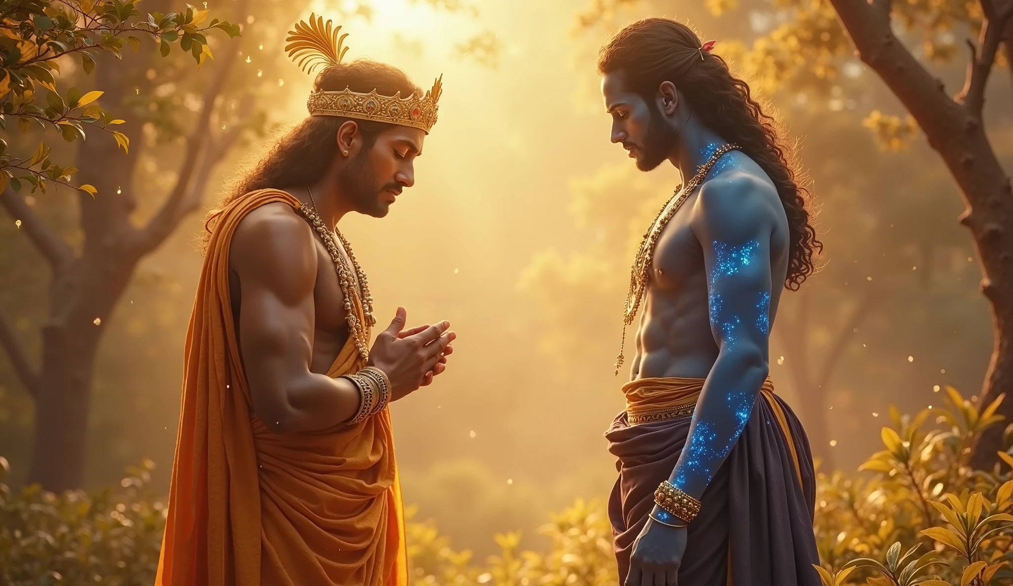 A hyper-realistic emotional scene set in a divine garden near Surya Lok ...