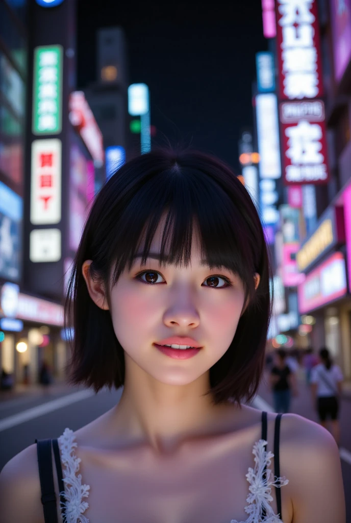 Realistic Japanese Girl Short Bob Hair Black Soft Smile Wearing