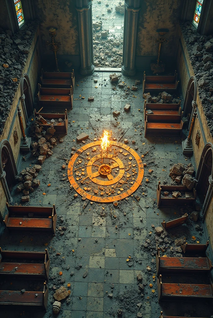 A destroyed and scorched gothic church interior in the aftermath of a ...