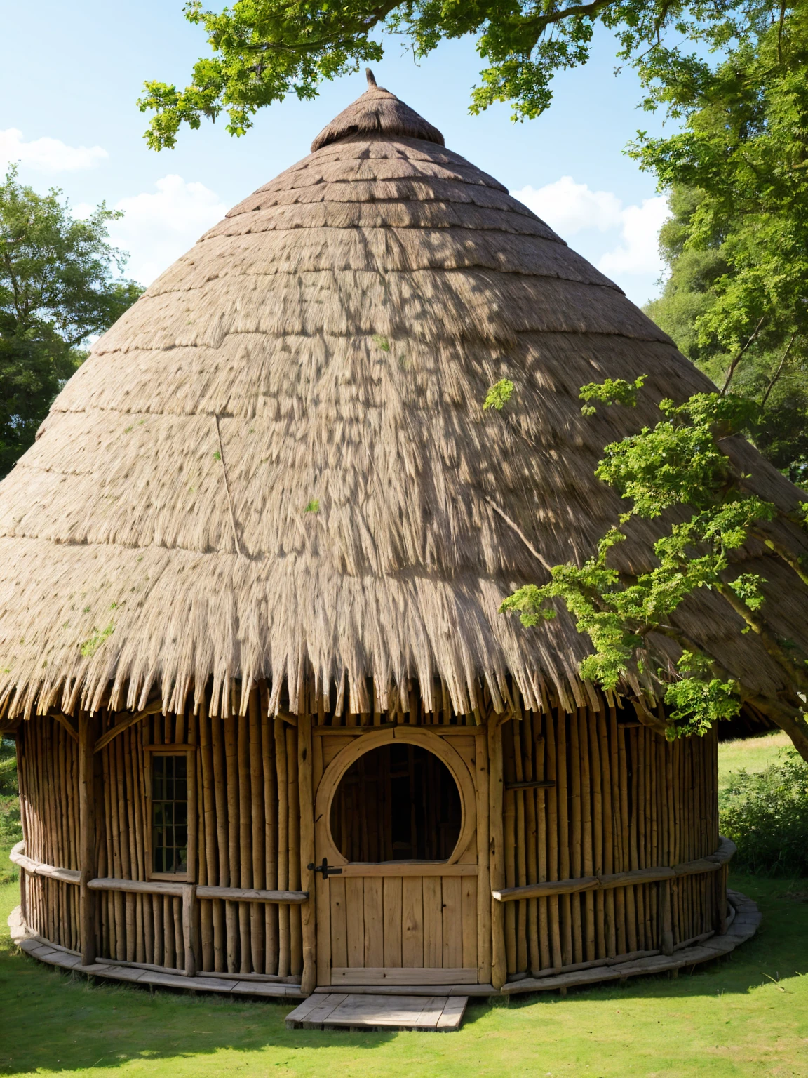Round old hut with a thatched roof and wall straw. A plain wooden door ...