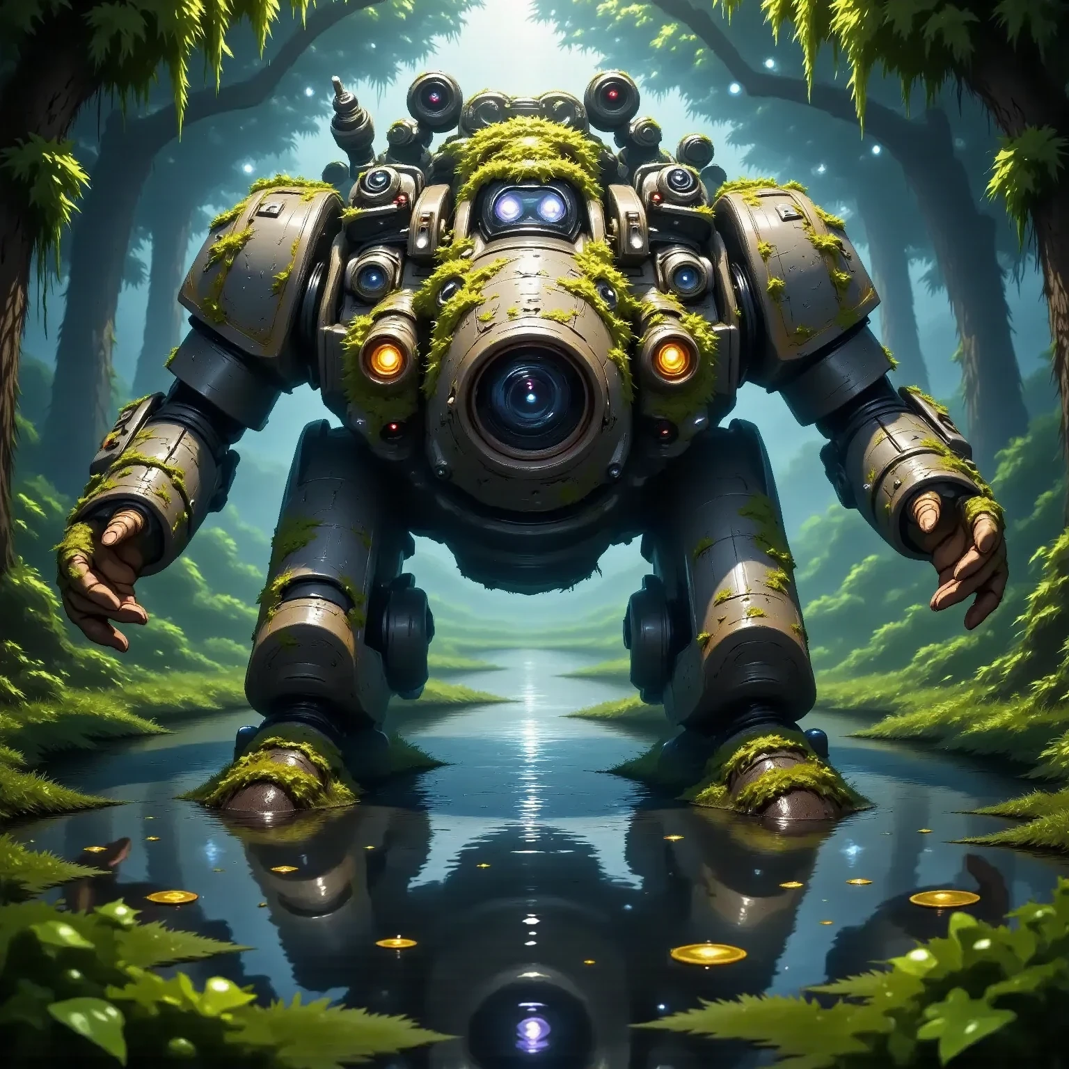 The image shows a large, weathered robotic mech standing in a lush ...