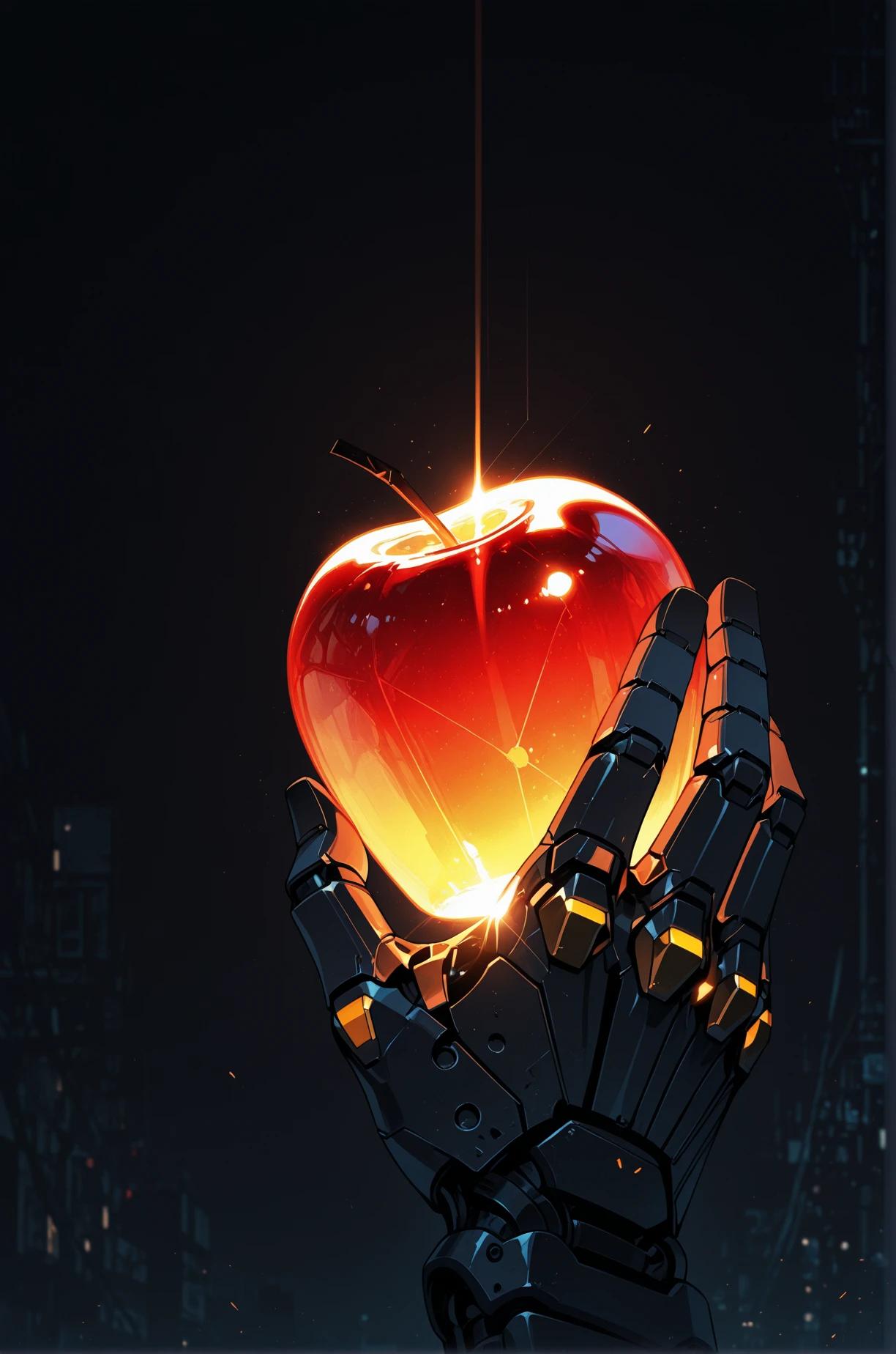 A robotic humanoid hand holding a translucent apple, darkness - SeaArt AI