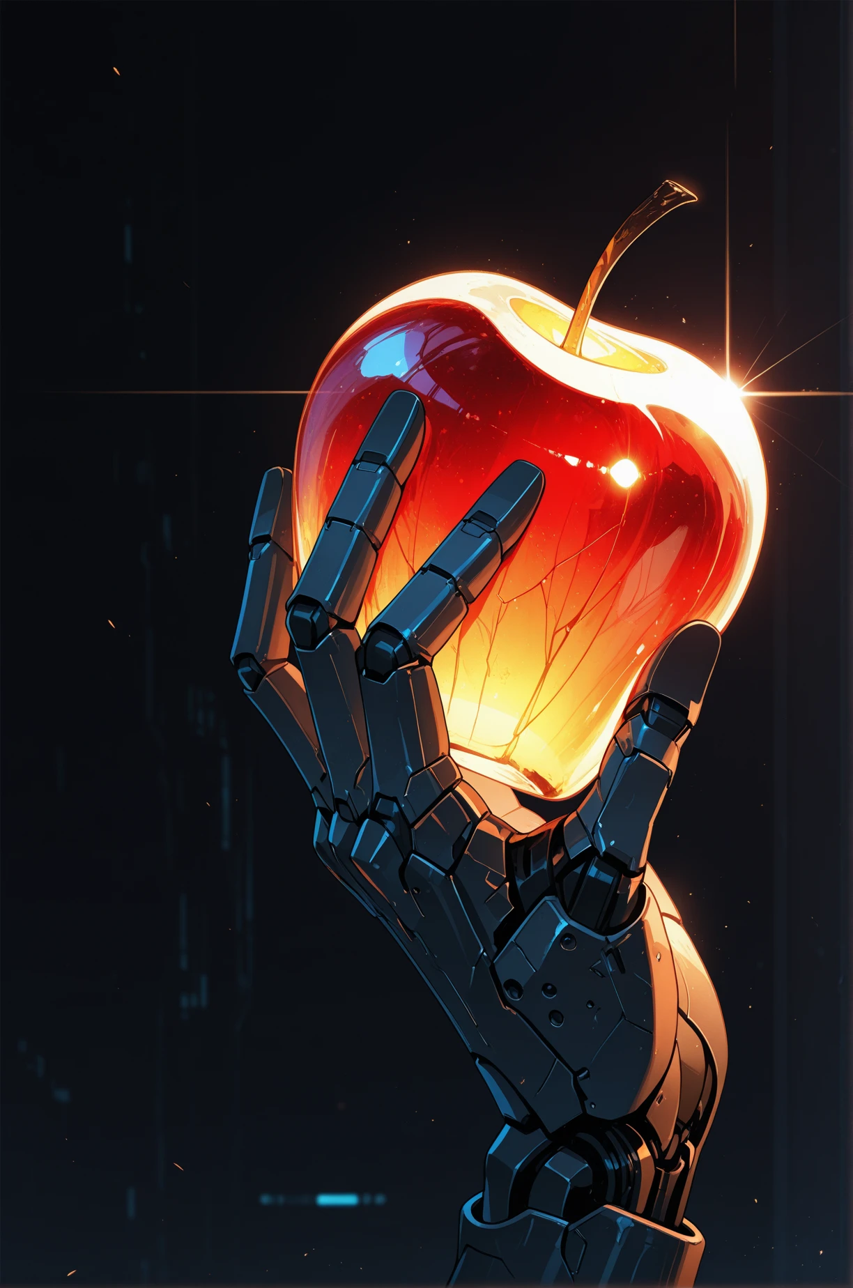 A robotic humanoid hand holding a translucent apple, darkness - SeaArt AI