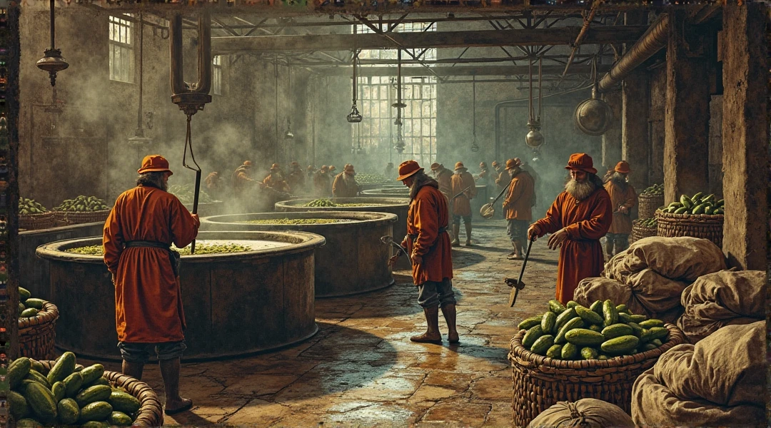"A smoky East End factory interior where russet-clad workers stir ...
