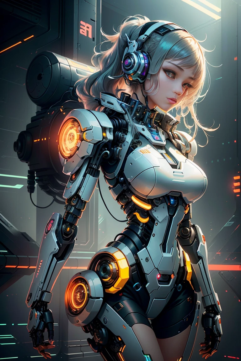 Futuristic woman wearing headphones，Gatling in hand, Cute cyborg girl ...
