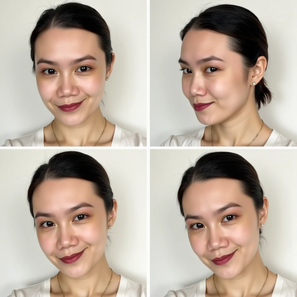 A close up 1x1 passport photo of woman with black hair. 4 views in a ...