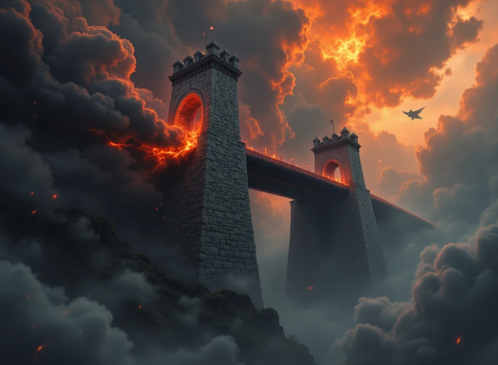 A large high stone bridge flying in the sky with many clouds around ...
