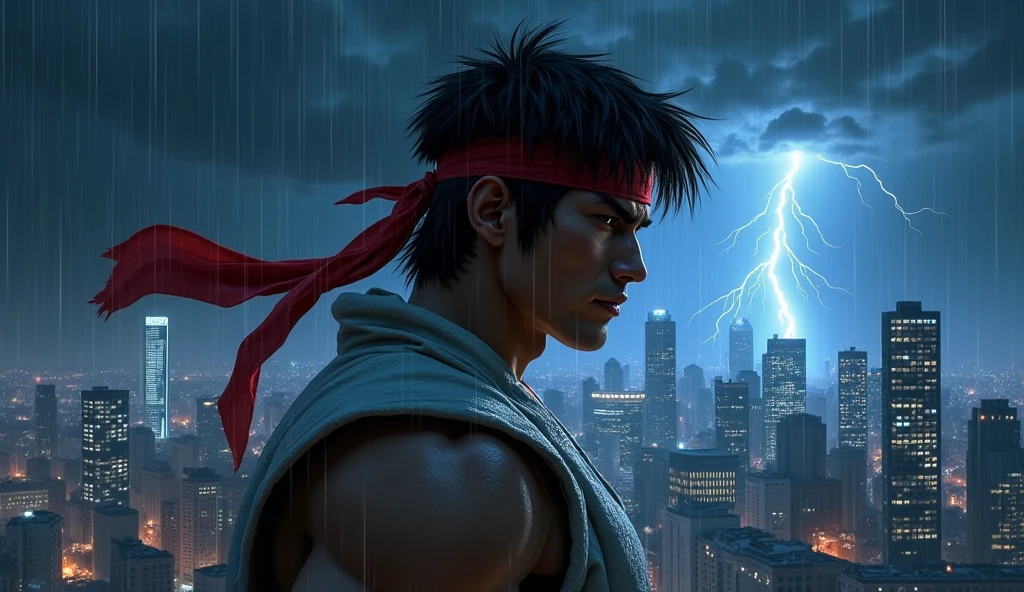 Night sky over Tokyo. Lightning lights up Ryu, in silence , - SeaArt AI