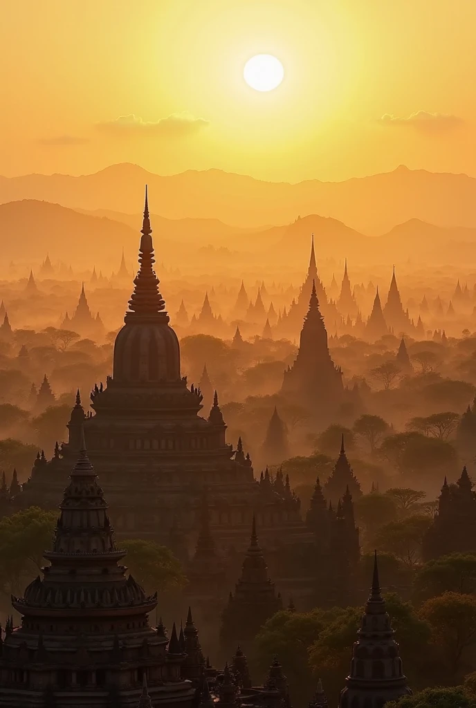 Wide shot of Bagan's temples glowing in the setting sun, setting the ...