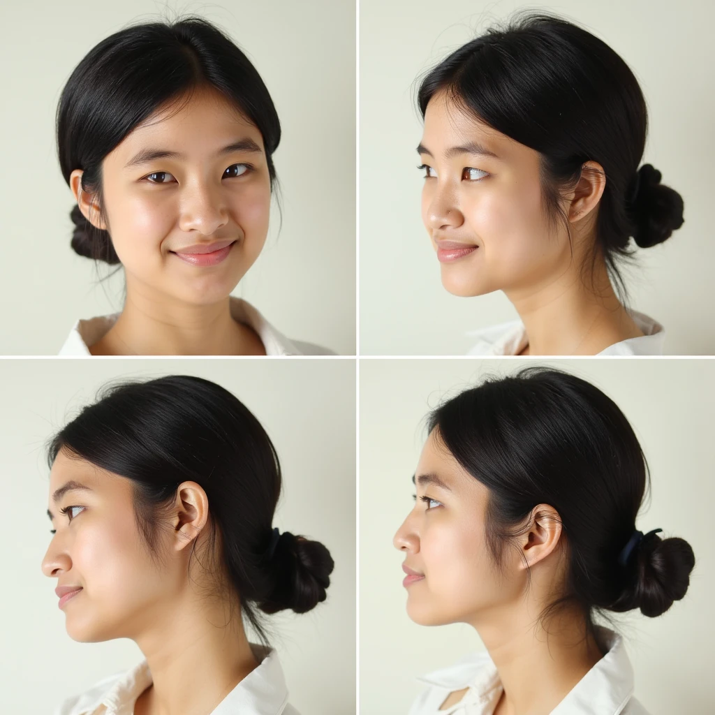 A close up 1x1 passport photo of woman with black hair. 4 views in a ...