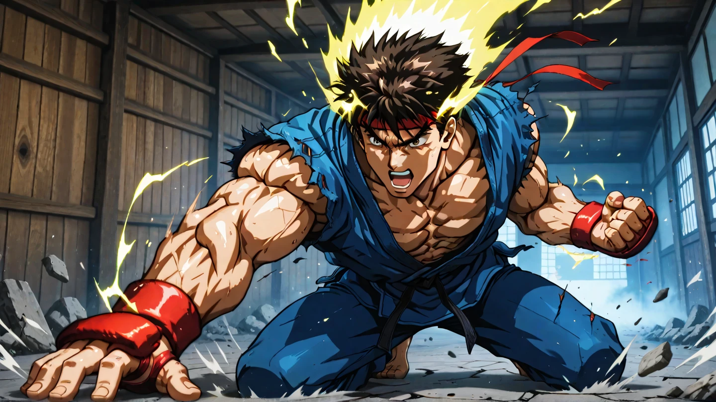 Intense anime-style training fight between Ryu and Ken in a dojo at ...