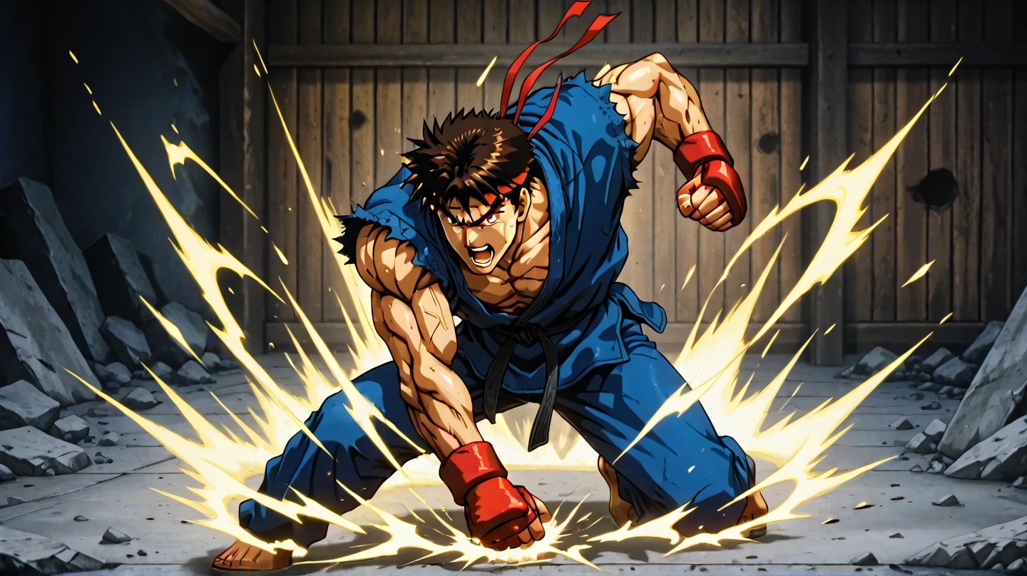 Intense anime-style training fight between Ryu and Ken in a dojo at ...