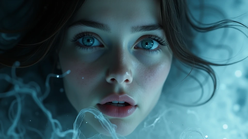 Concept: Extreme close-up of ethereal female face partially phasing ...