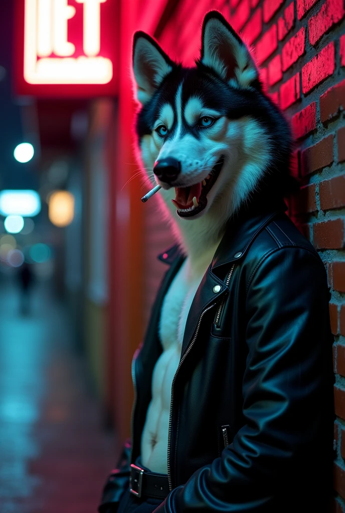 Ultra-realistic 8K leather suit from Fluke the Husky, leaning against a ...