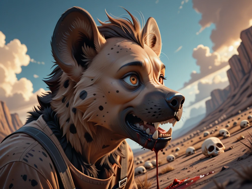 A semi-realistic illustration of a savage hyena biting into a human ...